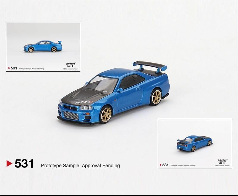 Машинка Mini GT 1:64 #531 Nissan Skyline GT-R (R34) Top Secret Bayside Blue Die-cast Alloy Car Model Collection Display Toy Gift