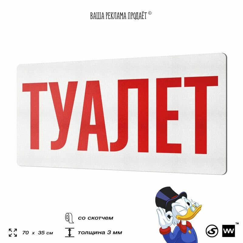 Рекламная вывеска туалет, табличка для сервиса услуг, 70х35 см, пластиковая, 3-6 мм, Silver Plane x Айдентика Технолоджи