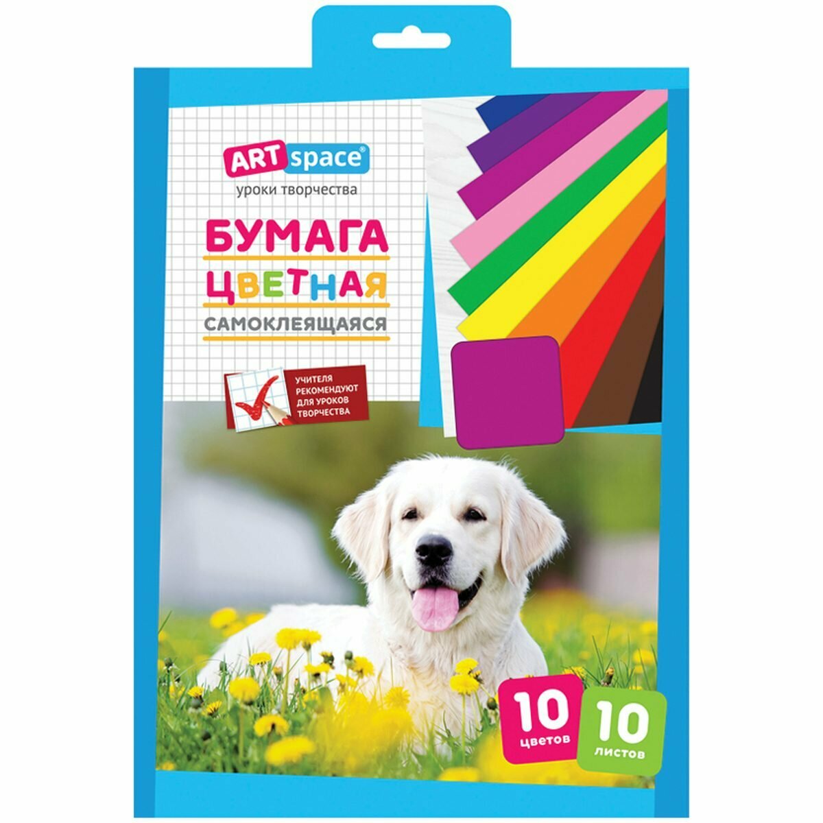 Бумага цветная самоклеящаяся ArtSpace (10 листов, 10 цветов, А4) в папке с подвесом (Нбс10-10_4445), 60 уп.