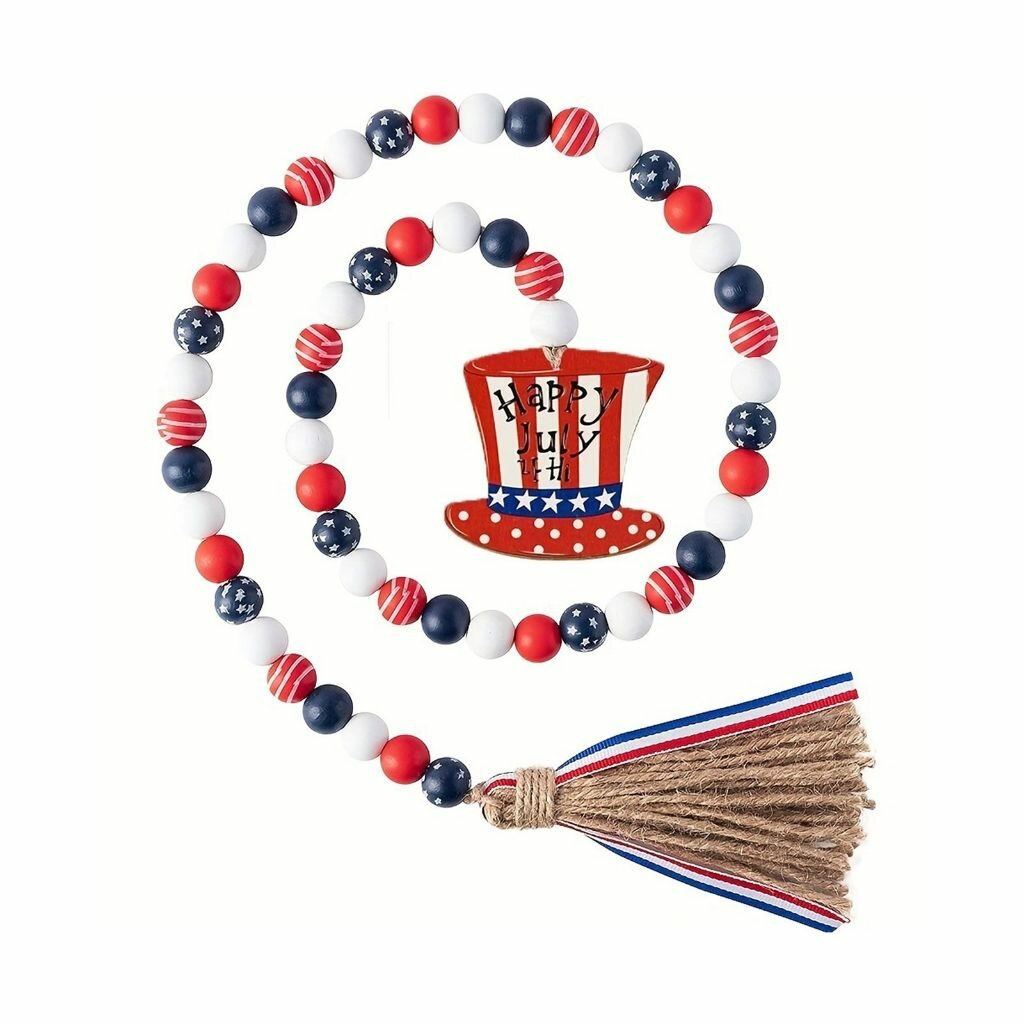 1 нитка деревянных бусин "День независимости", из пеньковой веревки, подвеска с кисточкой-C цилиндром