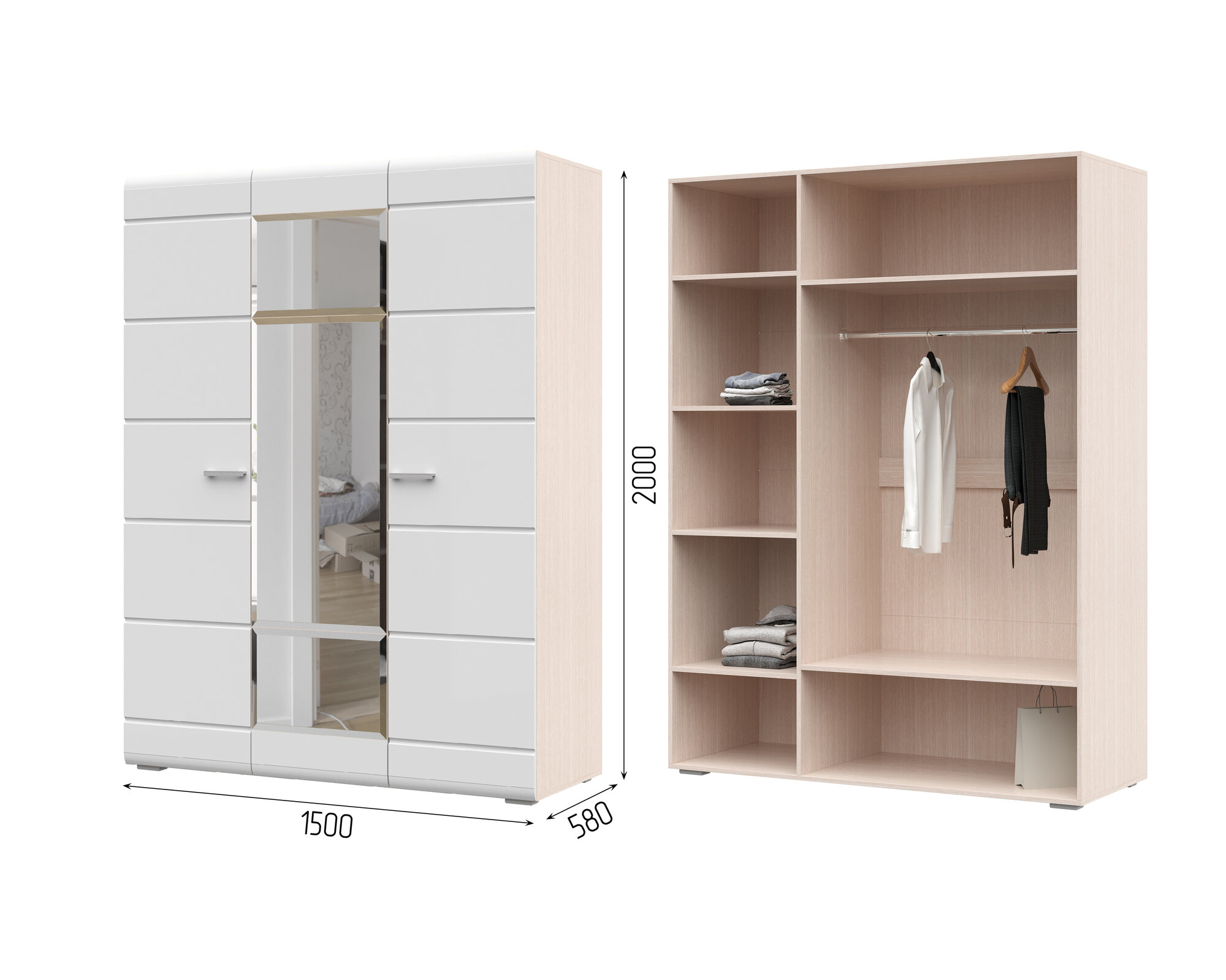 Симба шкаф 3-х створчатый с штангой (1500*2000*570), цвет Дуб белфорт/белый глянец Стендмебель