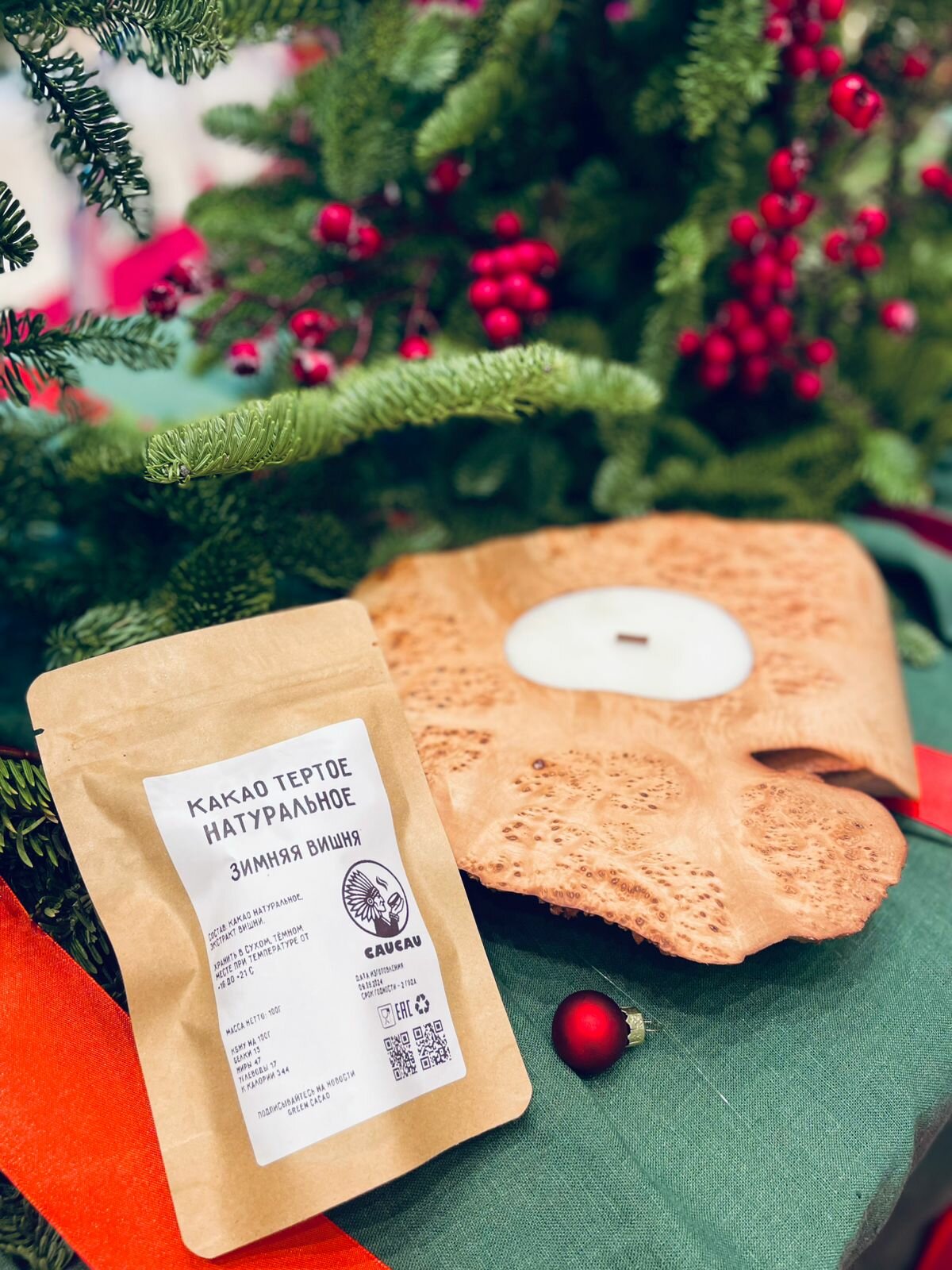 Какао тертое натуральное / Зимняя вишня / Green cacao 100 г / Без сахара