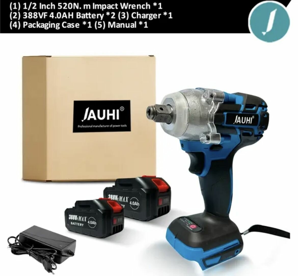 Электрический ударный гайковерт 520 Nm с бесщеточным двигателем 1/2 нм, дюйма, перезаряжаемый электроинструмент для ремонта автомобилей, 2 АКБ и ЗУ