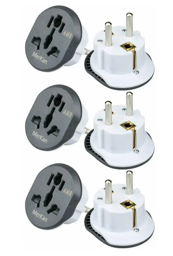 Сетевой адаптер-переходник на евро вилку для подключения устройств со штекером UK/US/CN к обычной российской (европейской) розетке. Комплект 6 шт.