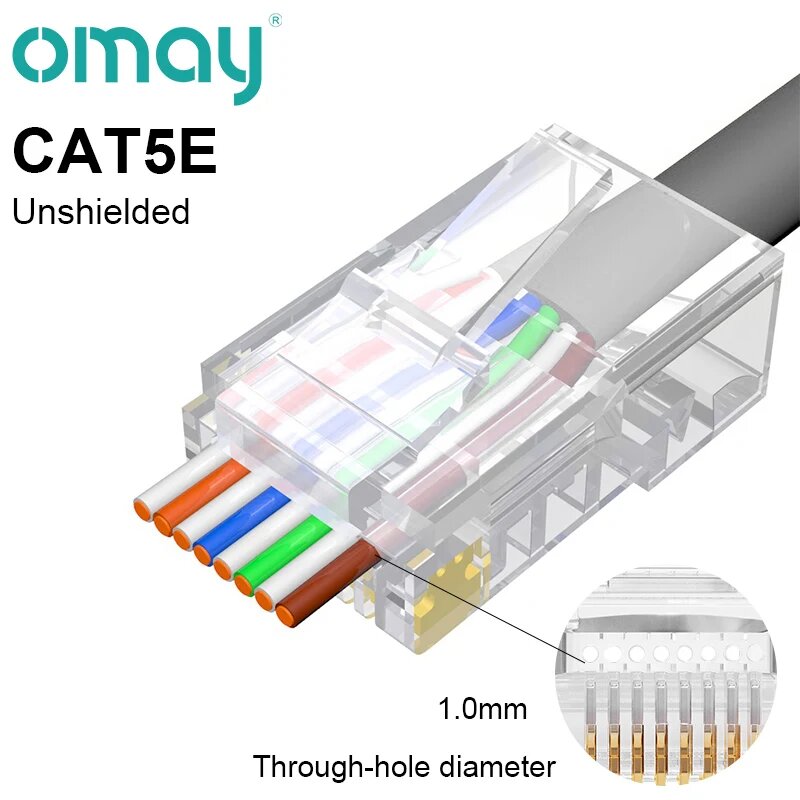 OMAY CAT5E RJ45 разъем, сквозной, 100шт
