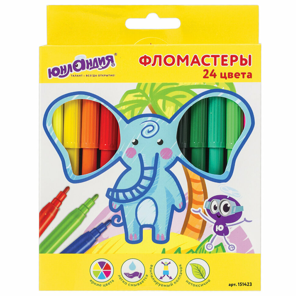 Фломастеры юнландия 24 цвета, "экзотика", вентилируемый колпачок, картон, 151423, 151423