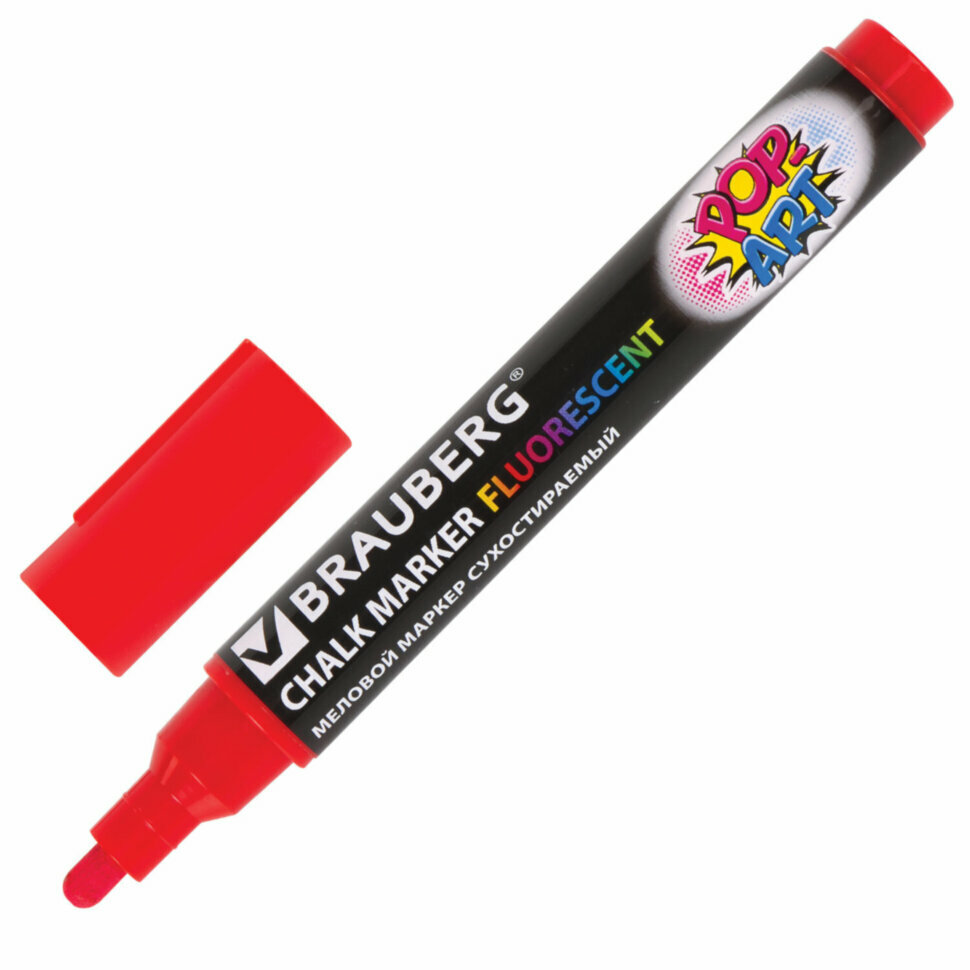 Маркер меловой "POP-ART" красный, 5 мм, стираемый, для гладких поверхностей, BRAUBERG, 151529, 151529