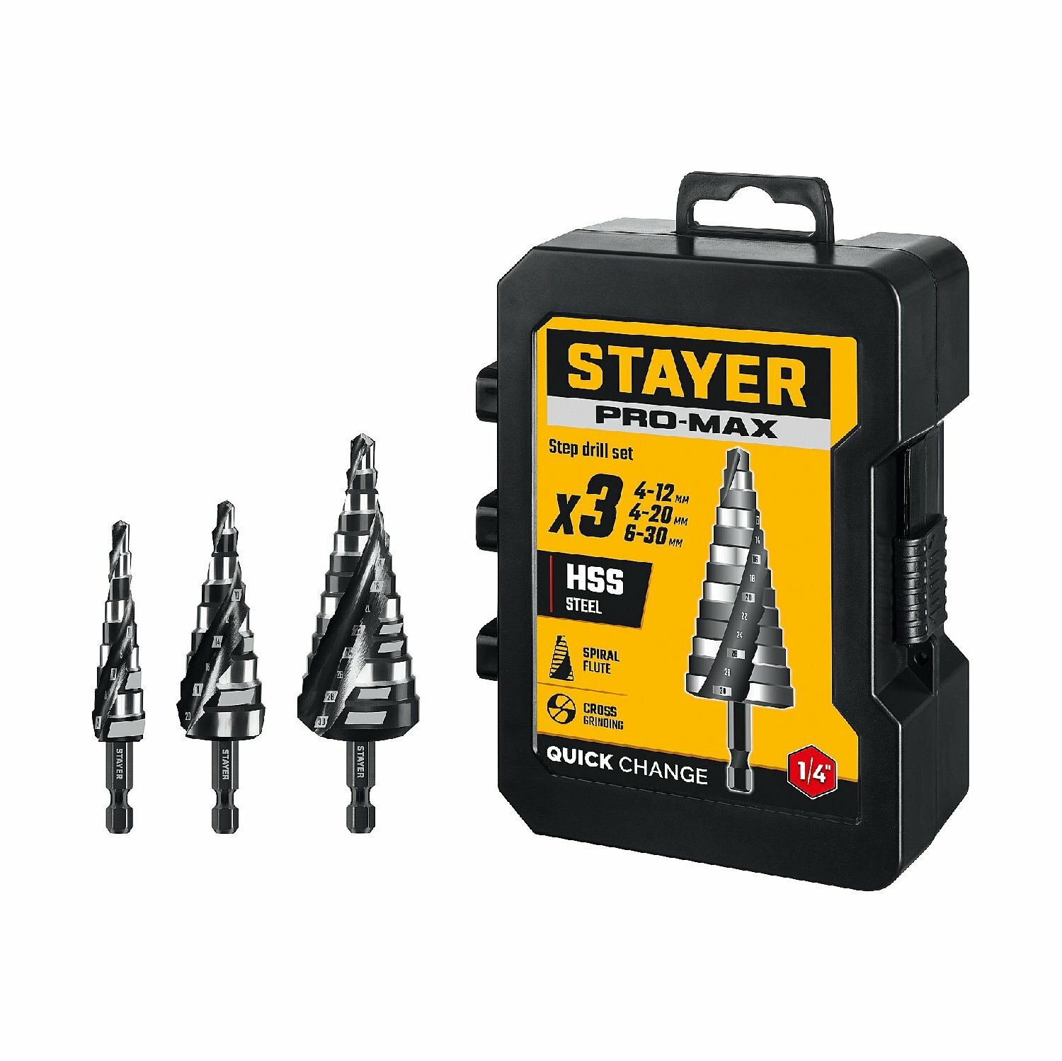 STAYER Pro-Max 3 шт, 4-30мм, винтовая спираль, набор сверл ступенчатых (29661-4-30-H3) (29661-4-30-H3)