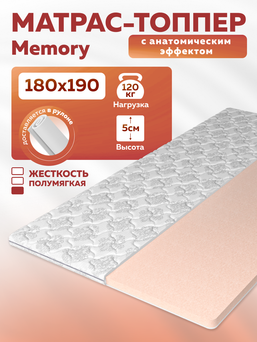 Топпер анатомический "Memory", 180х190х5 см, съемный жаккардовый чехол