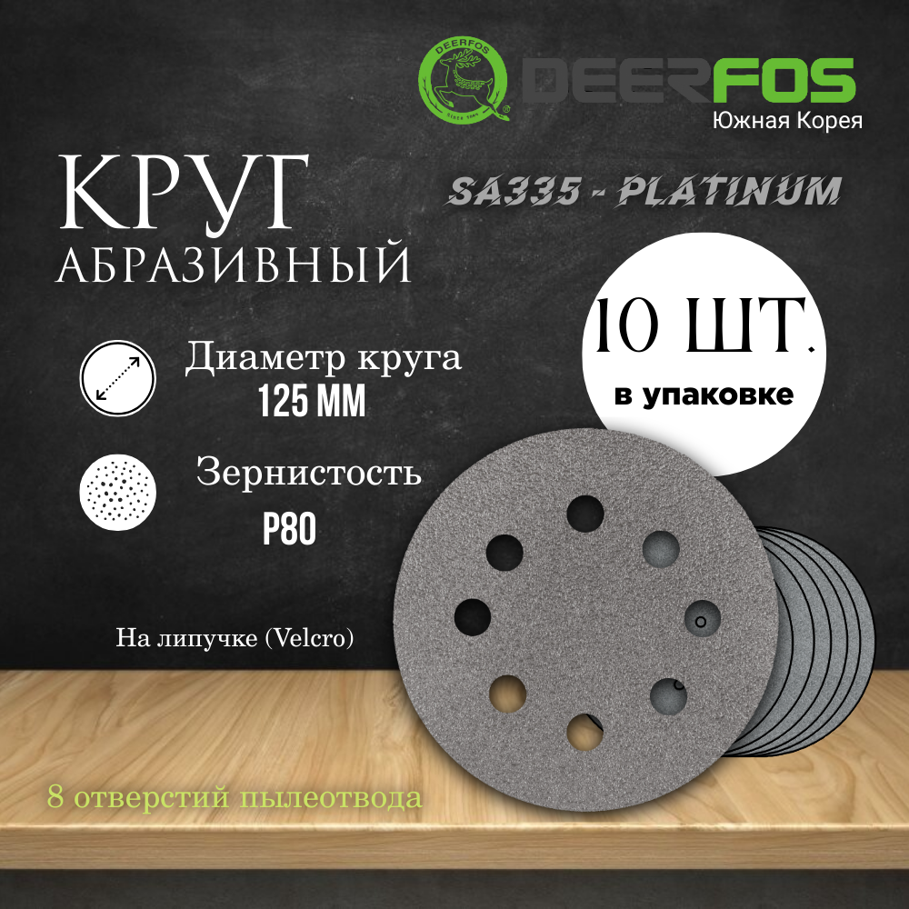 Круг шлифовальный на липучке (SA335) - PLATINUM, 125 мм, (8 отверстий), Р 80, 10 шт.