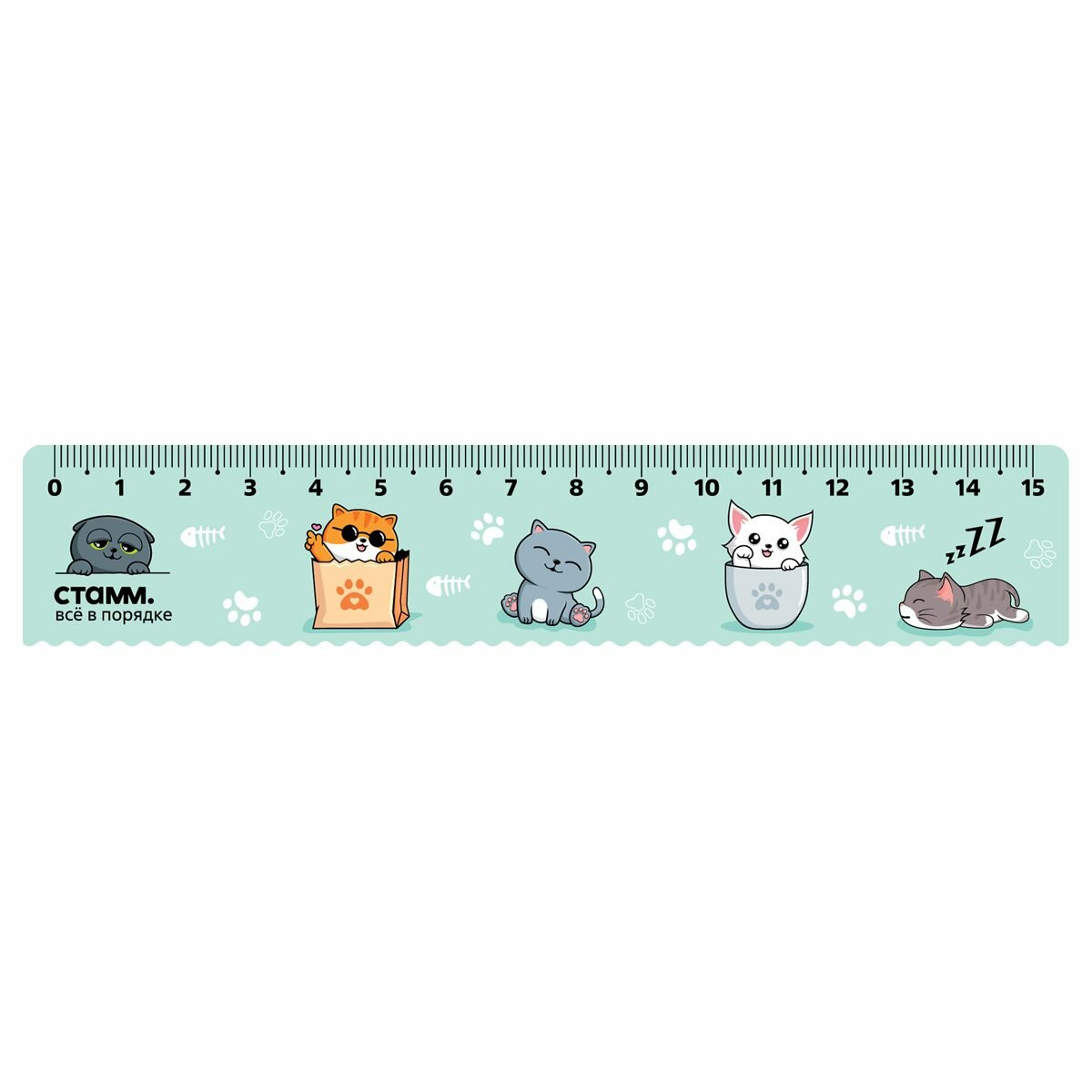 Линейка 15см Стамм "Коты", пластиковая, с волнистым краем, европодвес (ЛН-32097), 15шт.