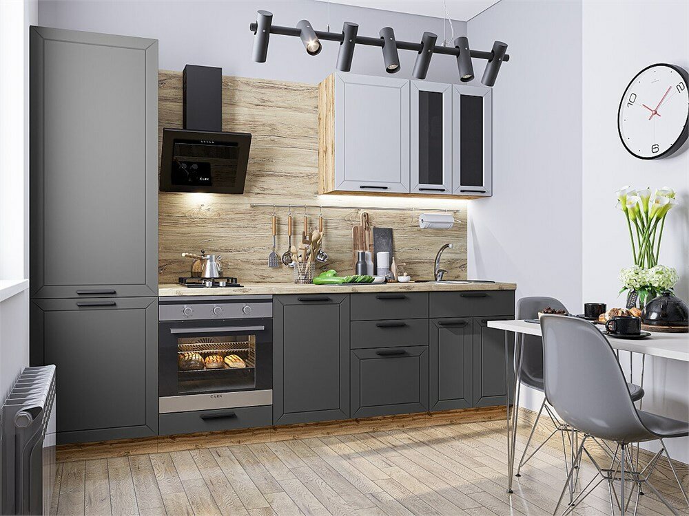 VVT Кухонный гарнитур модульный Глетчер-04, каркас ЛДСП Дуб Вотан, фасад МДФ/Стекло Гейнсборо Силк/Маренго Силк, 2140*2700*600 Гейнсборо Силк/Маренго Силк