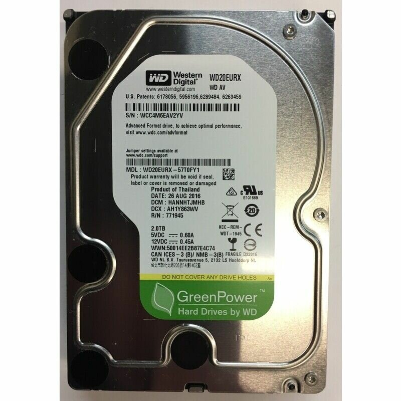 Жесткий Диск Western Digital Caviar Green WD20EURX, 500 Гб, 3.5", 7200 RPM, SATA 6 Gb/s, серый