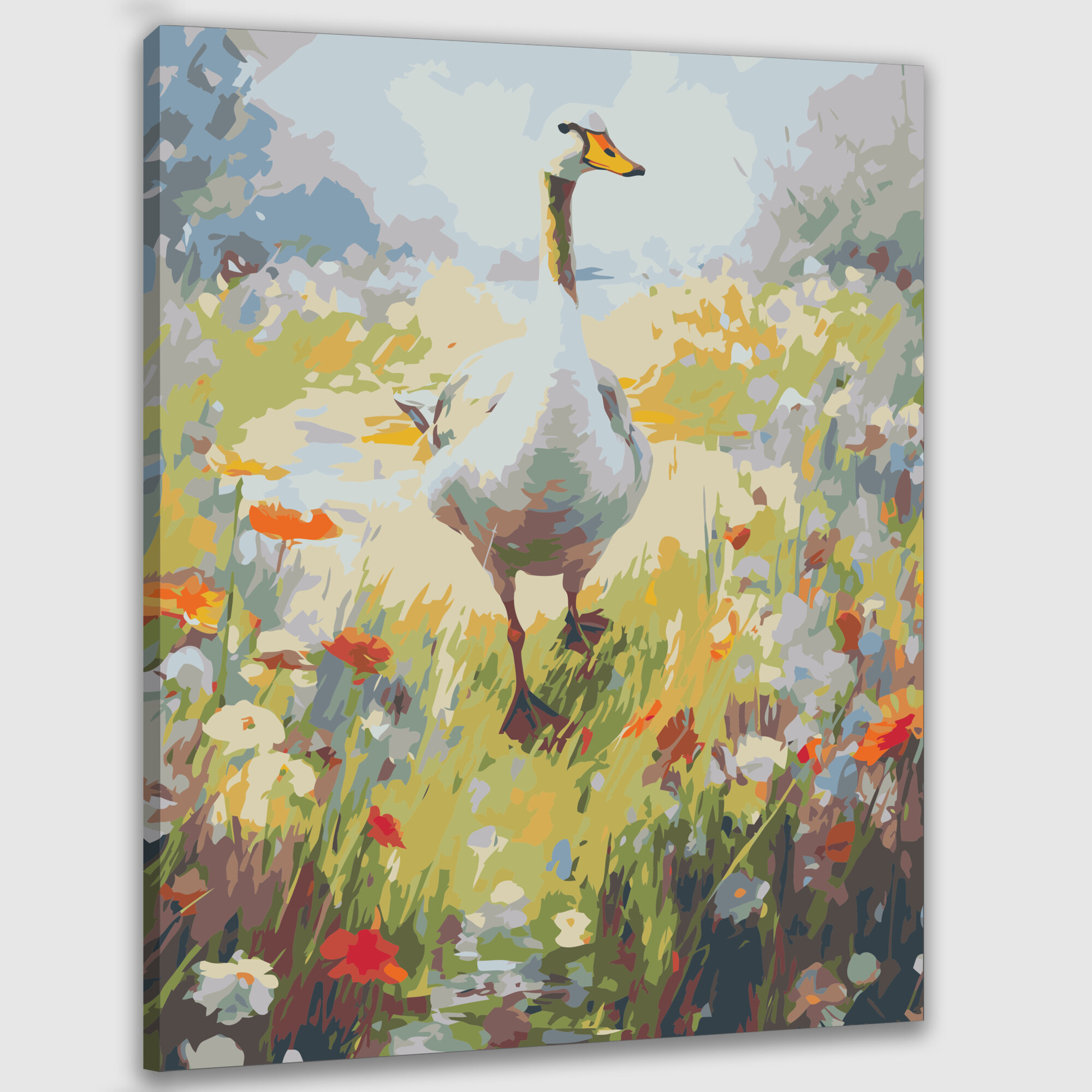 Картина по номерам 40x50 см, картина, масло, луг, цветы, гусь, мазки, текстура, яркие оттенки, свет, атмосфера