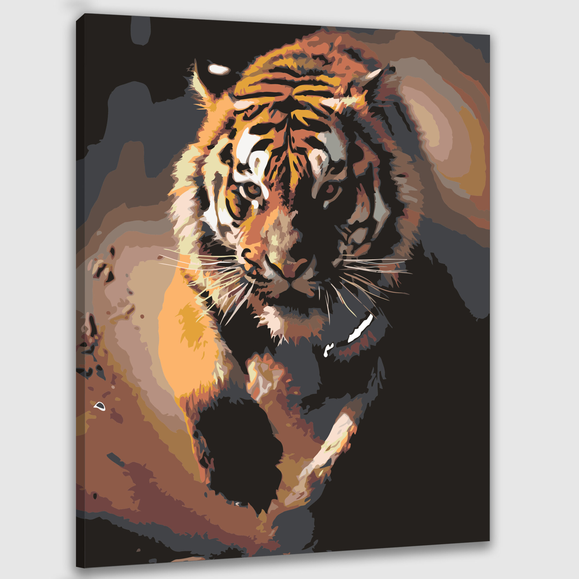 Картина по номерам 40x50 см, тигр, прыжок, движение, мощь, атлетизм, мускулы, взгляд, цвета меха, освещение, фон