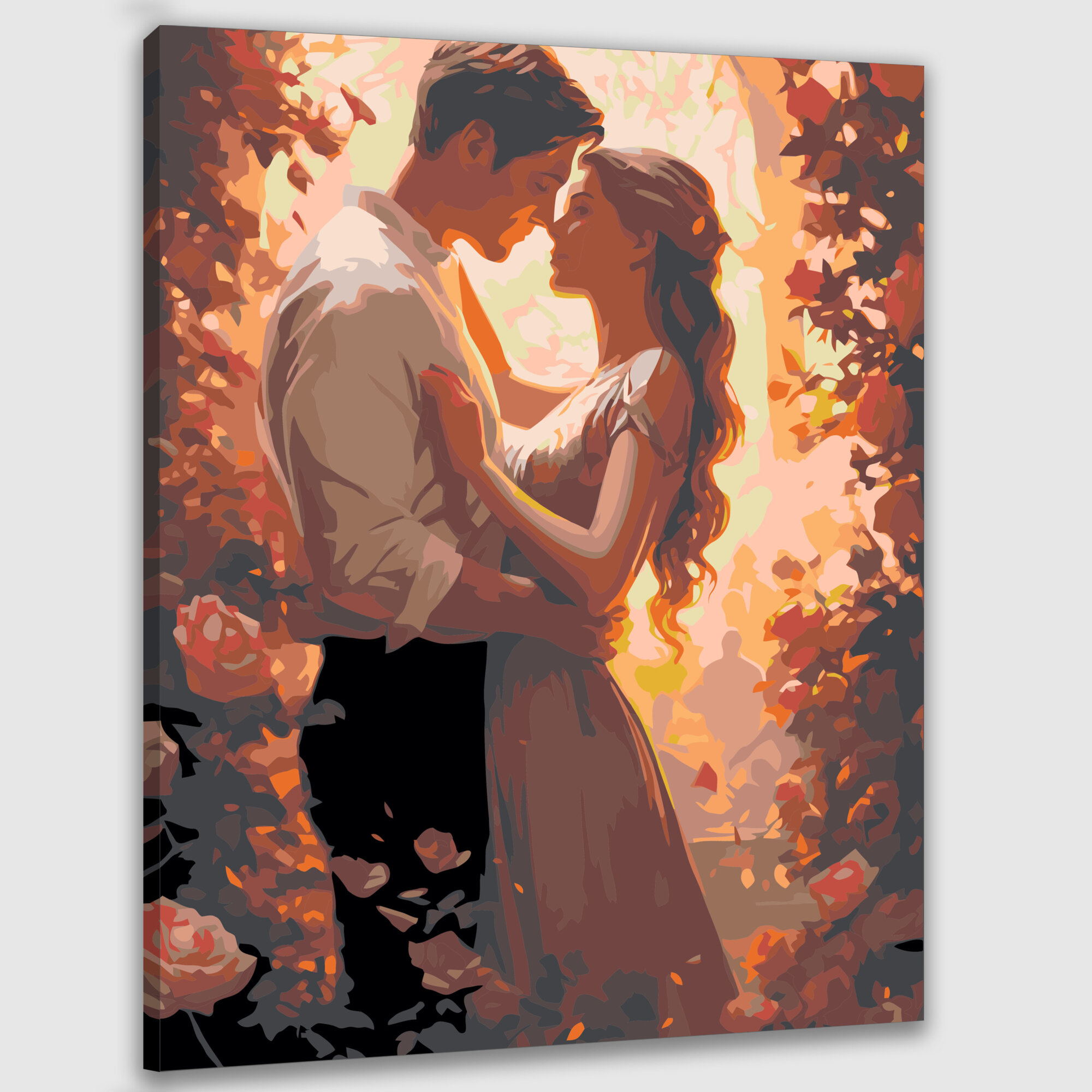 Картина по номерам 40x50 см, картина, масло, романтическая сцена, цветочный сад, обнимаются, цветущие розы, любовь