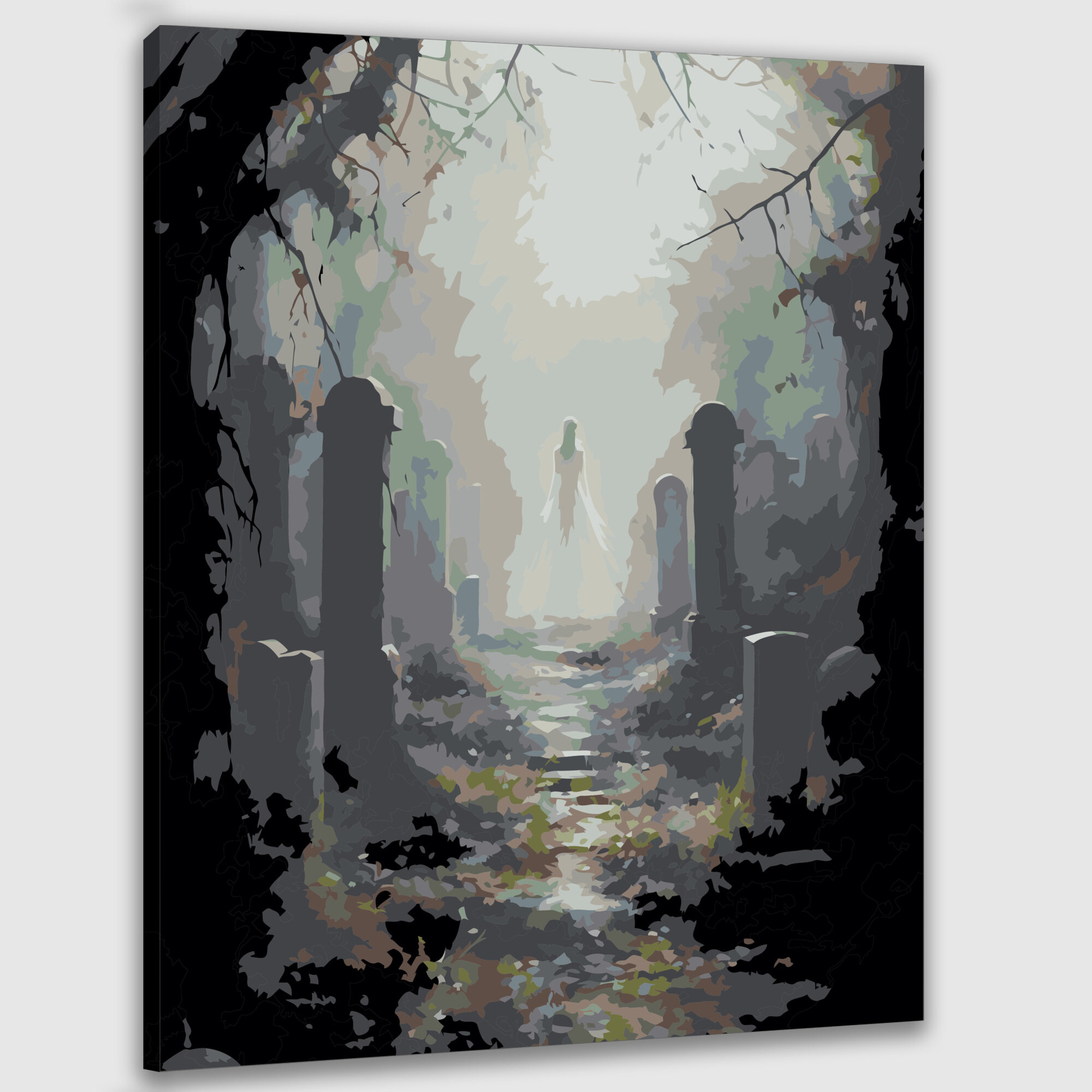 Картина по номерам 40x50 см, фотография, кладбище, надгробия, плющ, призрачная фигура, белое платье, туман, атмосфера