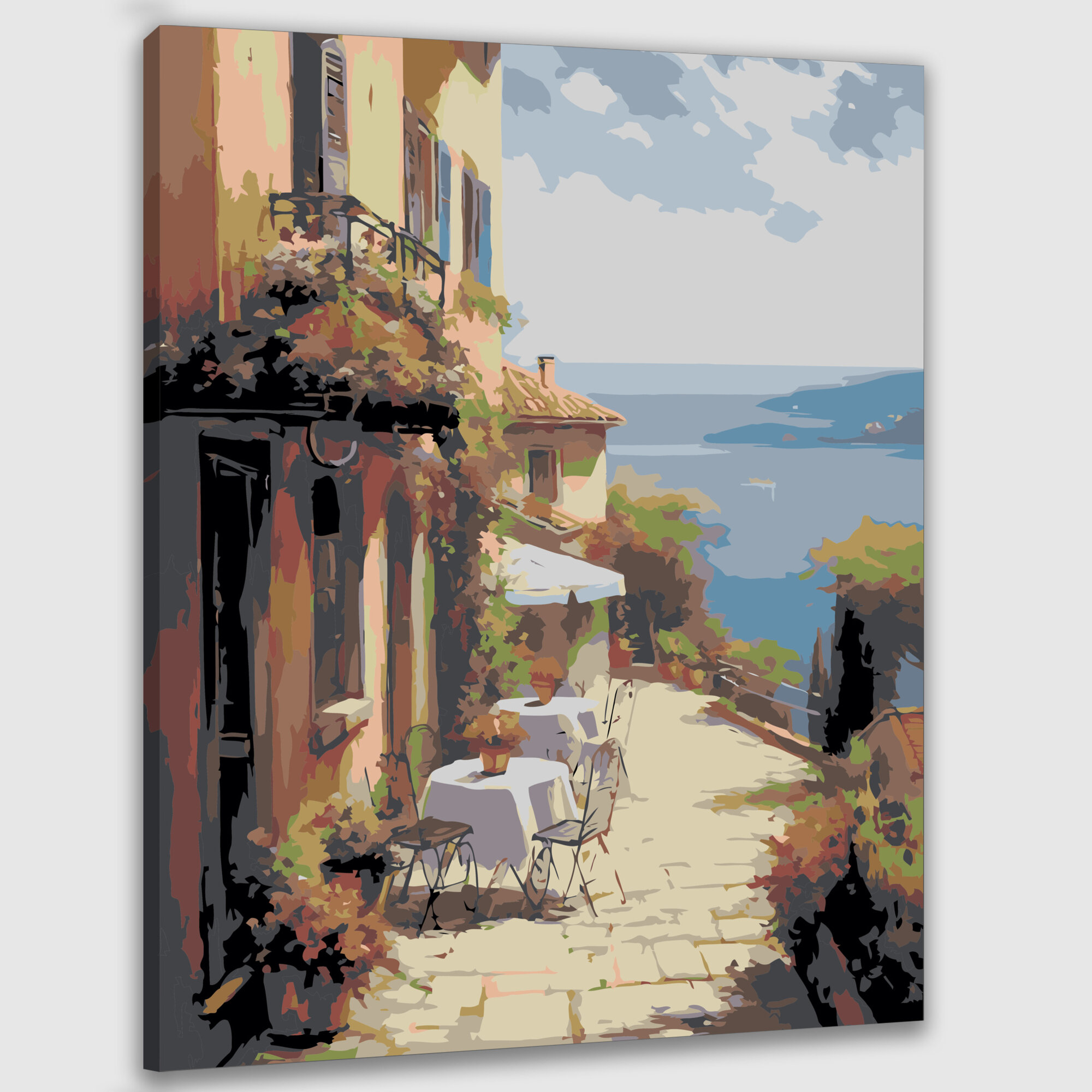 Картина по номерам 40x50 см, картина, масло, уголок, прибрежный городок, коттедж, цветы, дорожка, кафе, кресла