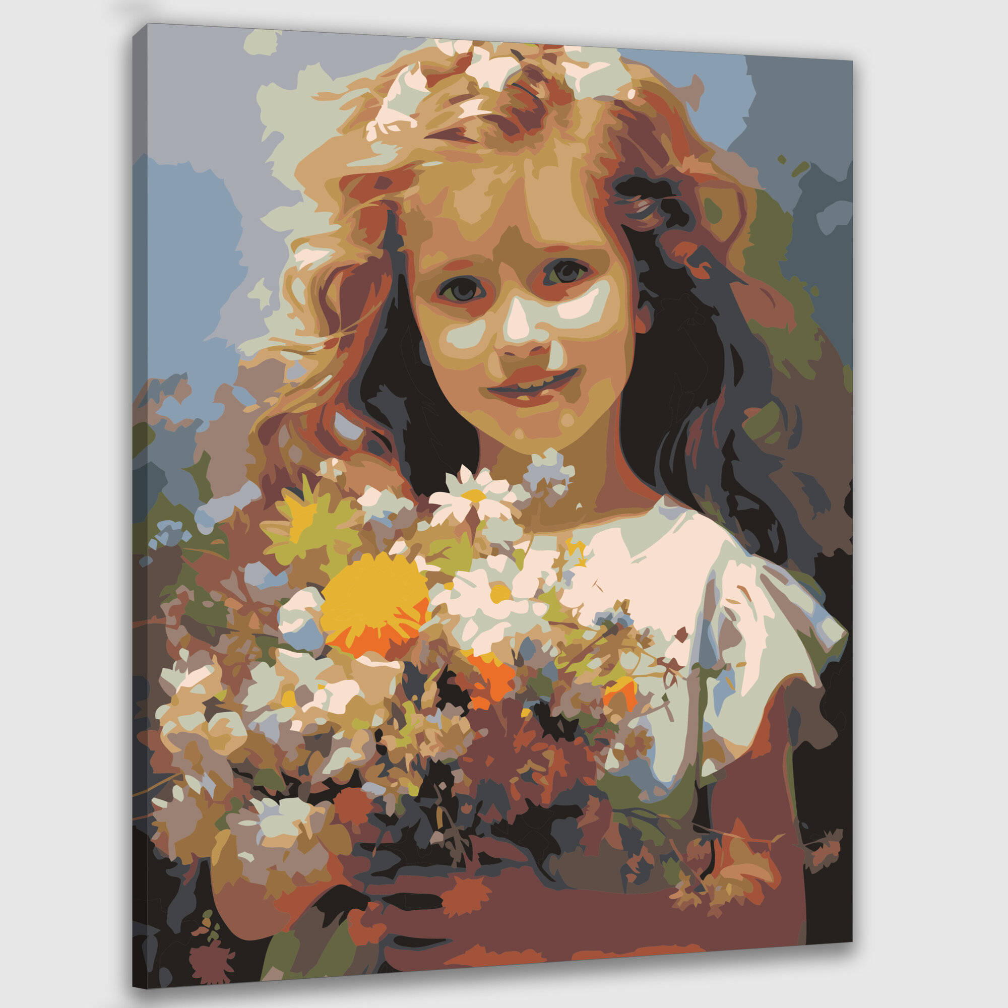 Картина по номерам 40x50 см, картина, масло, девушка, букет, полевые цветы, глаза, искрение, детское любопытство