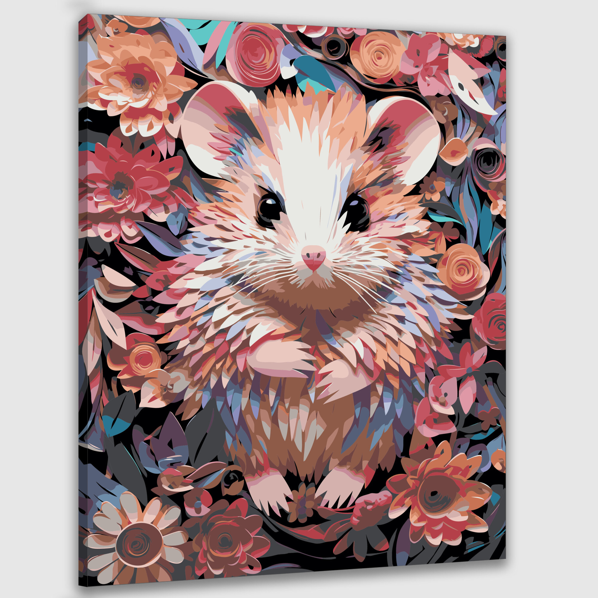 Картина по номерам 40x50 см, хомячок, смешанная техника, коллаж, бумажные цветы, ручная вырезка, узоры, текстуры