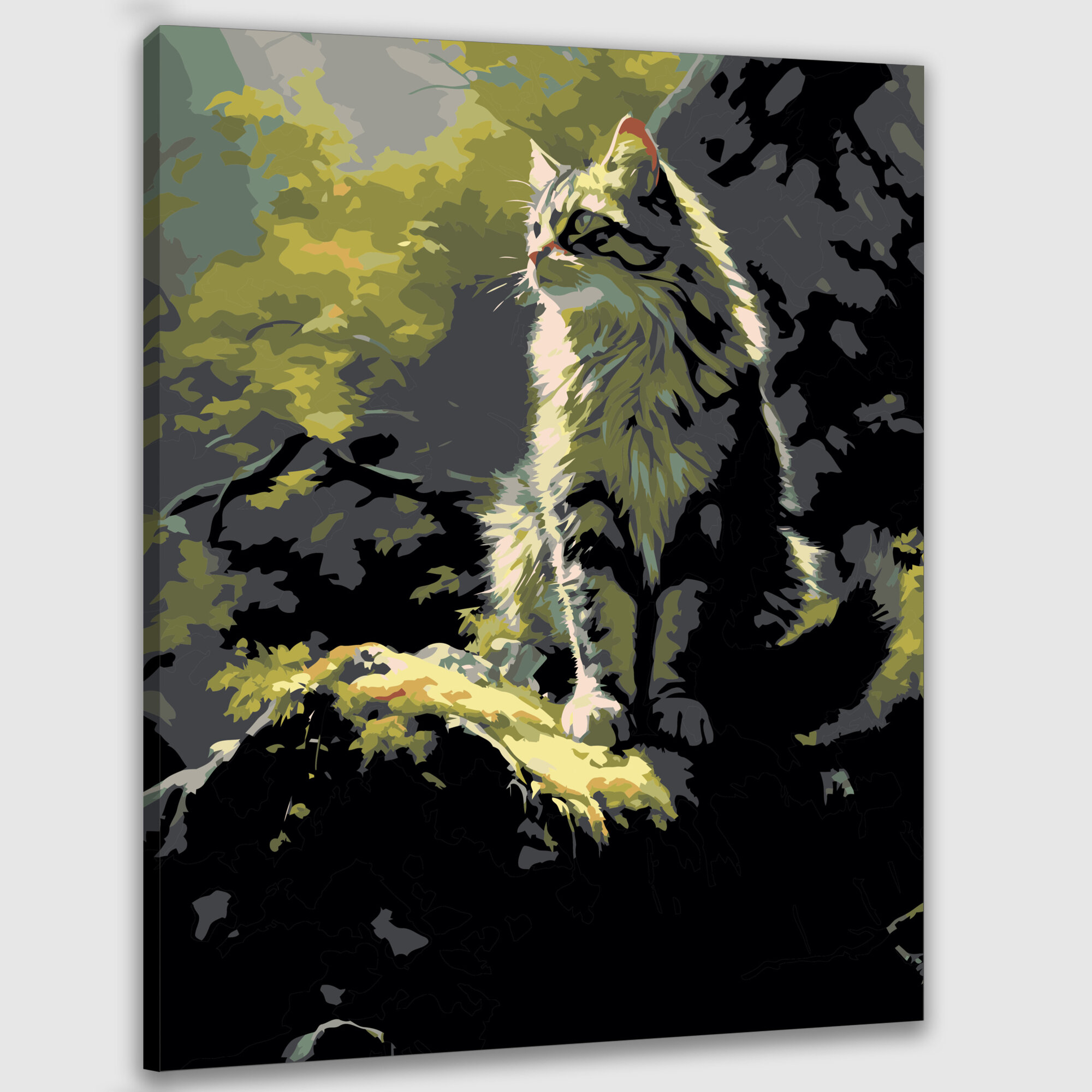 Картина по номерам 40x50 см, картина, масло, кошка, мейн-кун, ветка, дерево, шерсть, ветер, лес, листва, свет
