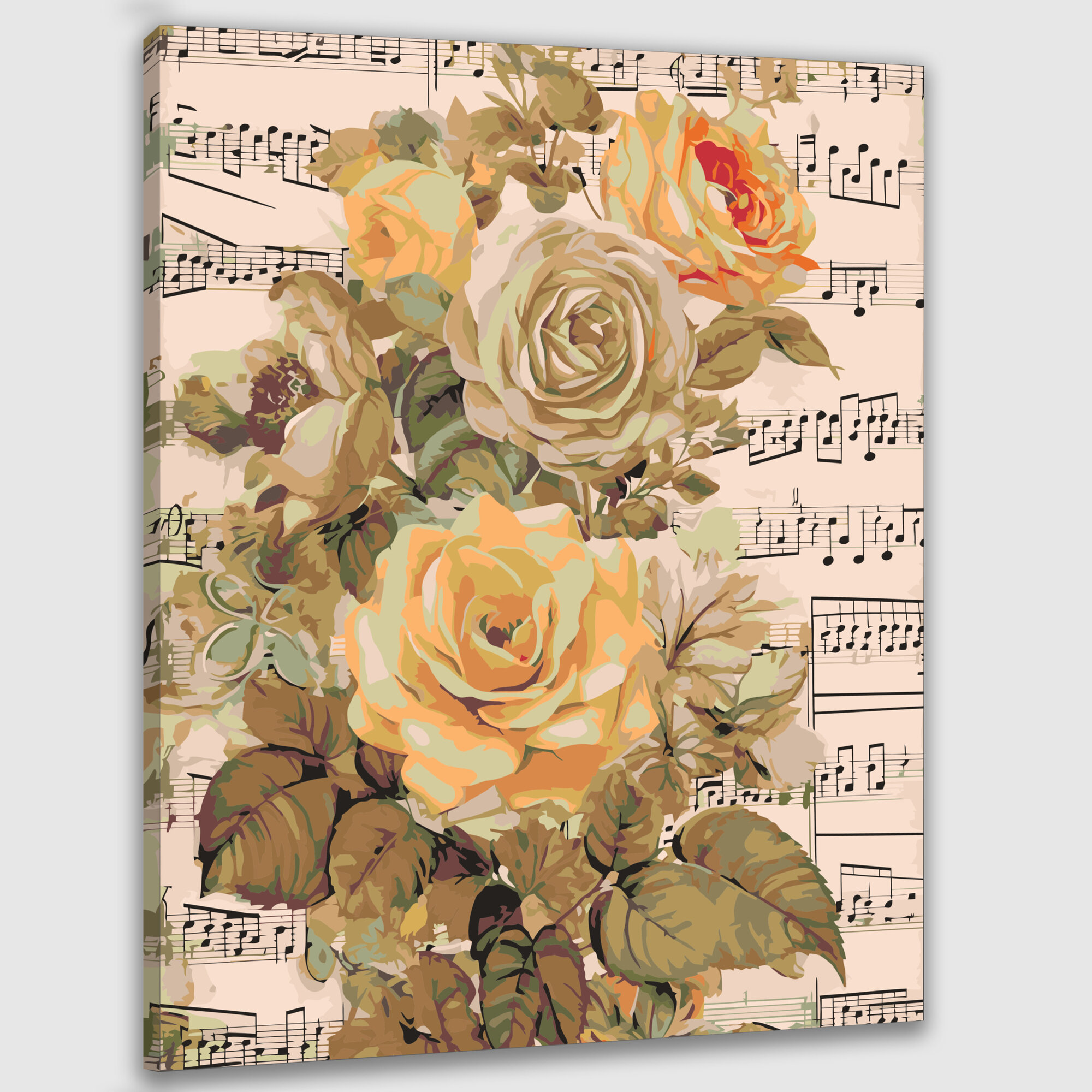 Картина по номерам 40x50 см, картина, коллаж, смешанная техника, старинные ноты, бумажные розы, размеры, цвета, музыка