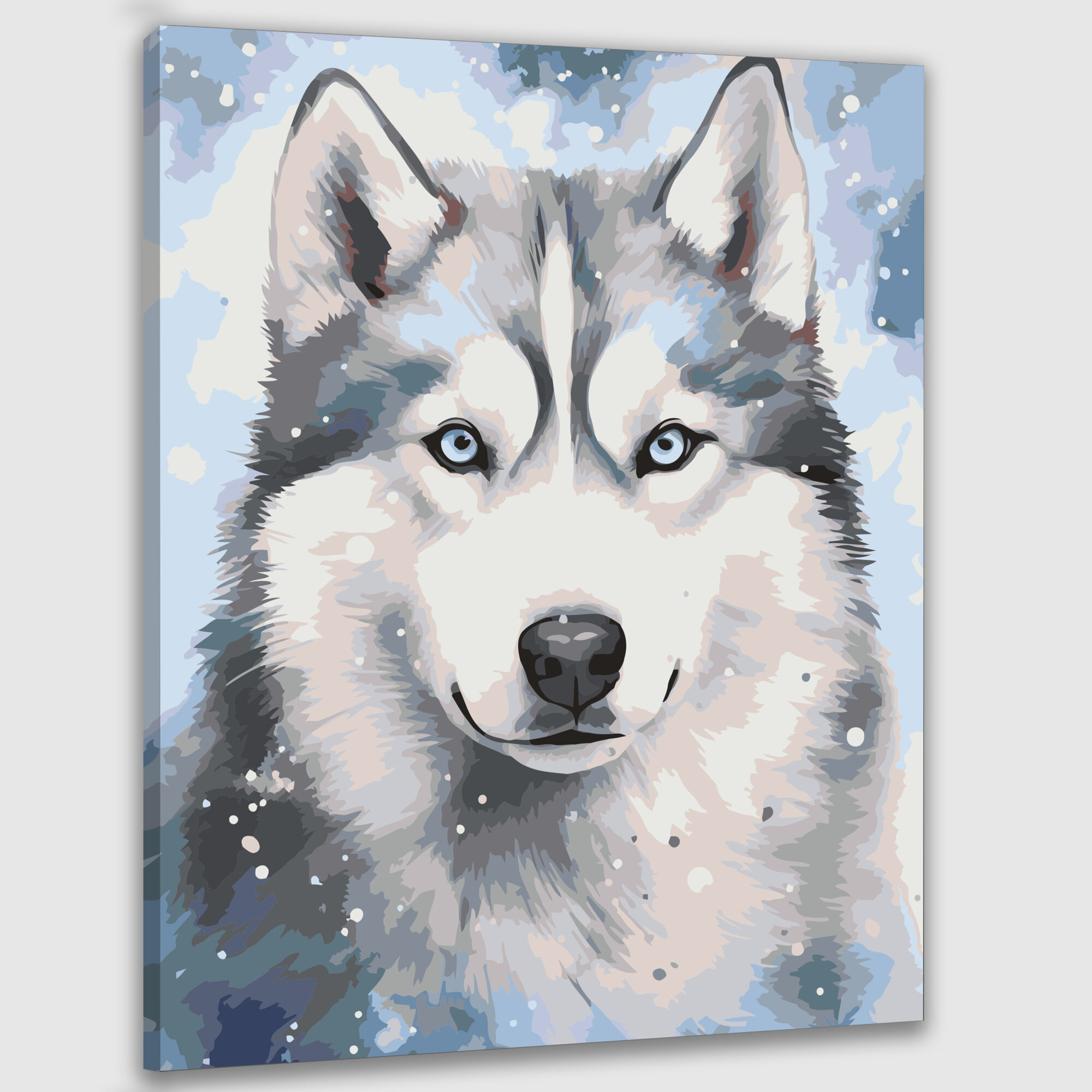 Картина по номерам 40x50 см, акварельный портрет, хаски, снежинки, яркие цвета, сказочная атмосфера