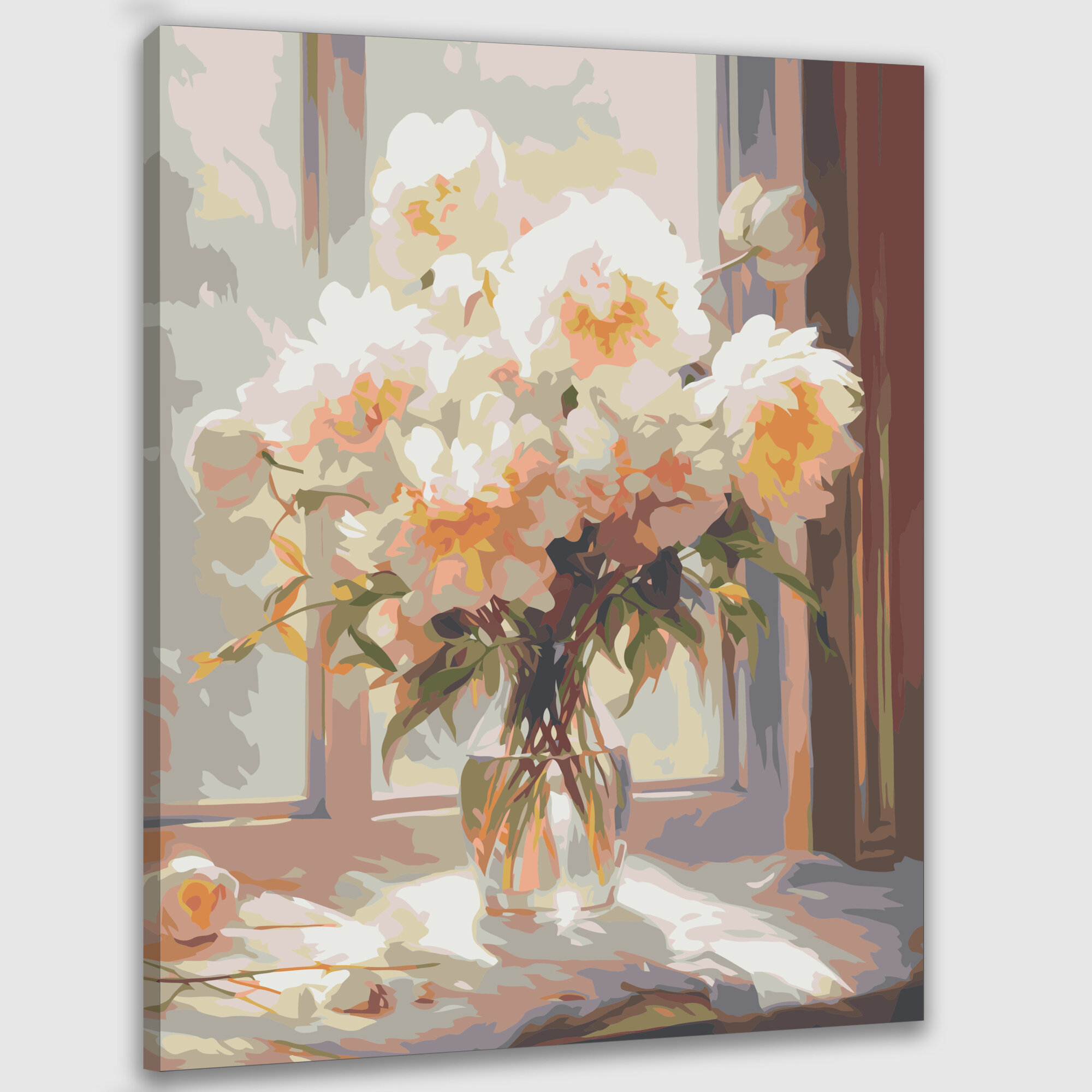 Картина по номерам 40x50 см, картина, масло, пионы, цвет, стеклянная ваза, свет, солнечный день, тени, рисунок, цвет