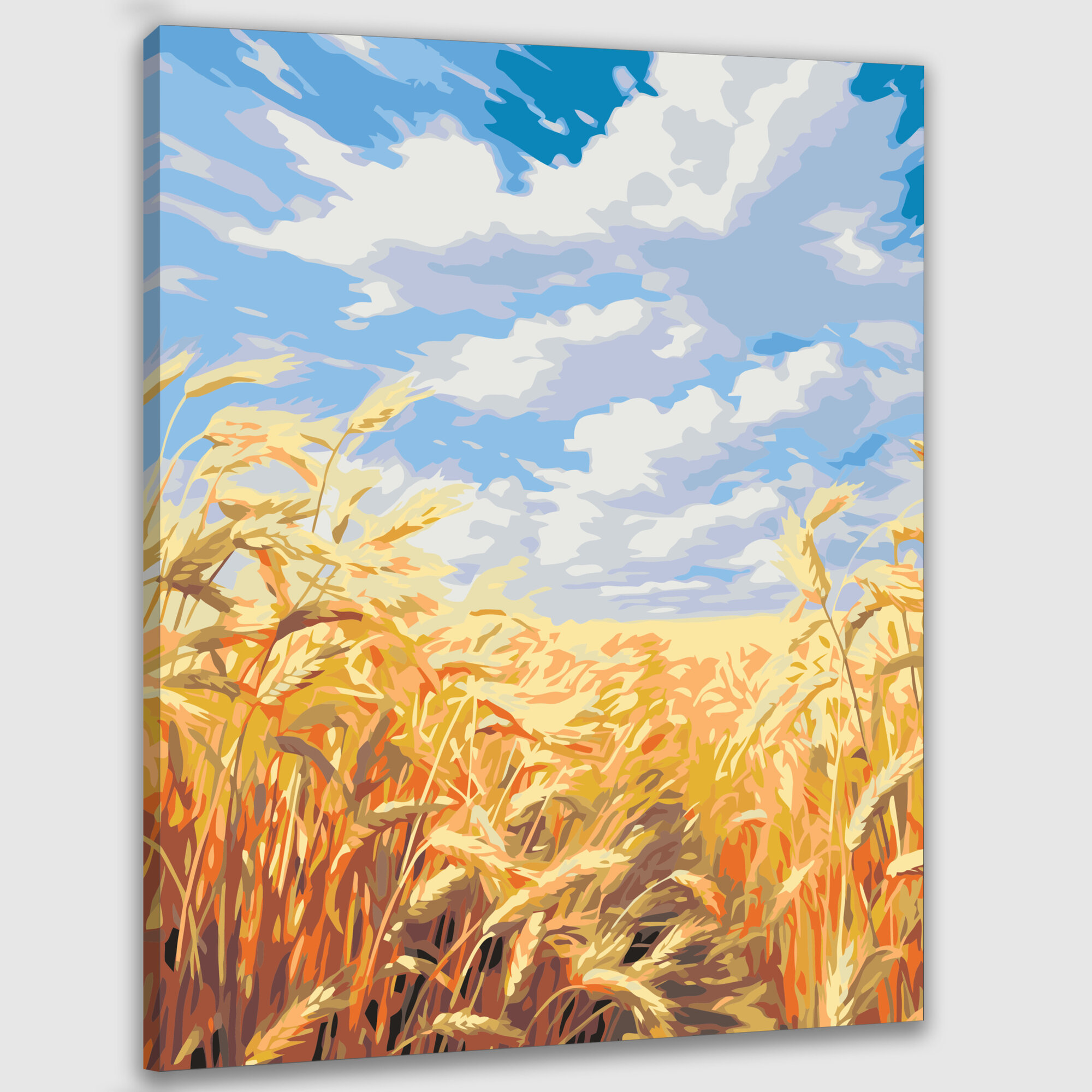 Картина по номерам 40x50 см, картина, масло, пшеничное поле, горизонт, небо, облака, золотистый, яркий, голубой
