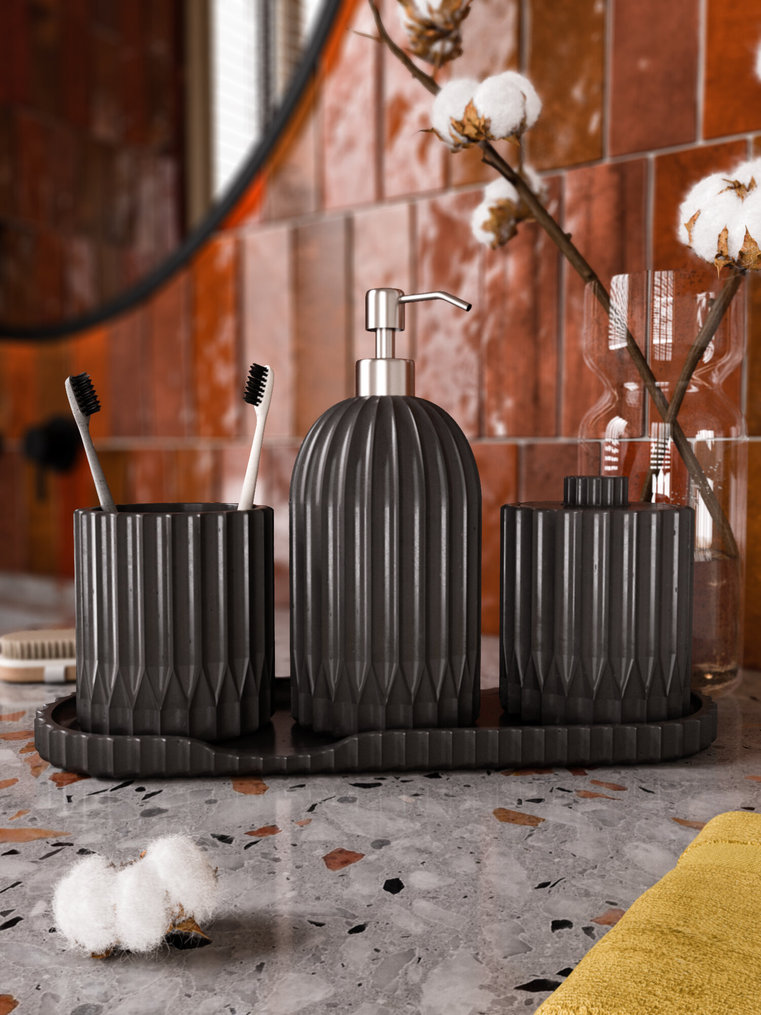 Набор аксессуаров для ванной комнаты "San Marino", темно-серый глянцевый: дозатор 500 мл, контейнер, стакан, подставка.
