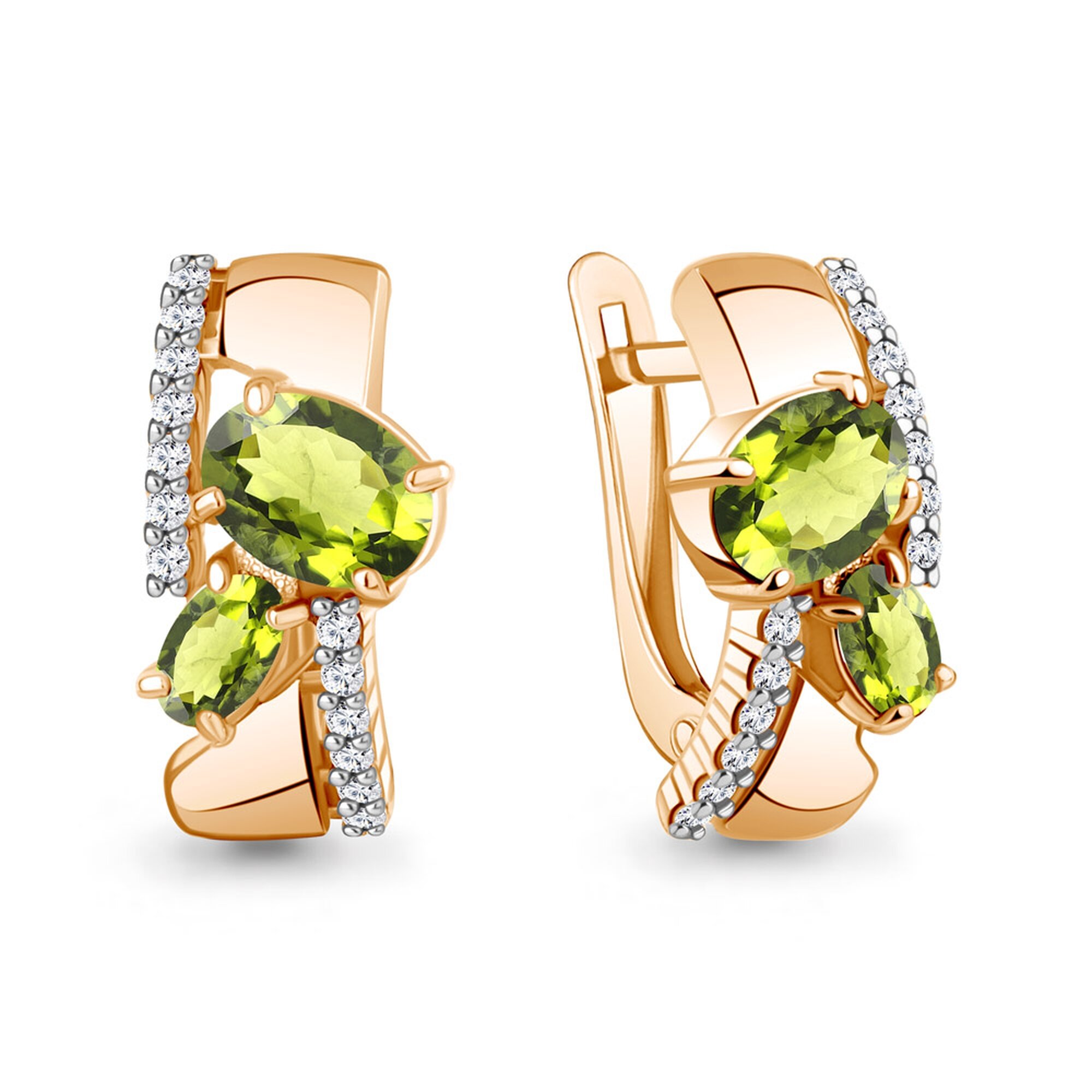 Серьги, серебро, 925 проба, золочение, хризолит, фианит