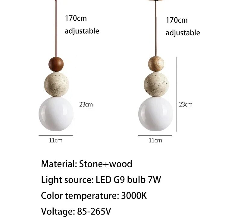 Подвесной светильник из дерева и травертина, 3000K, walnut color, Камень Хуандун