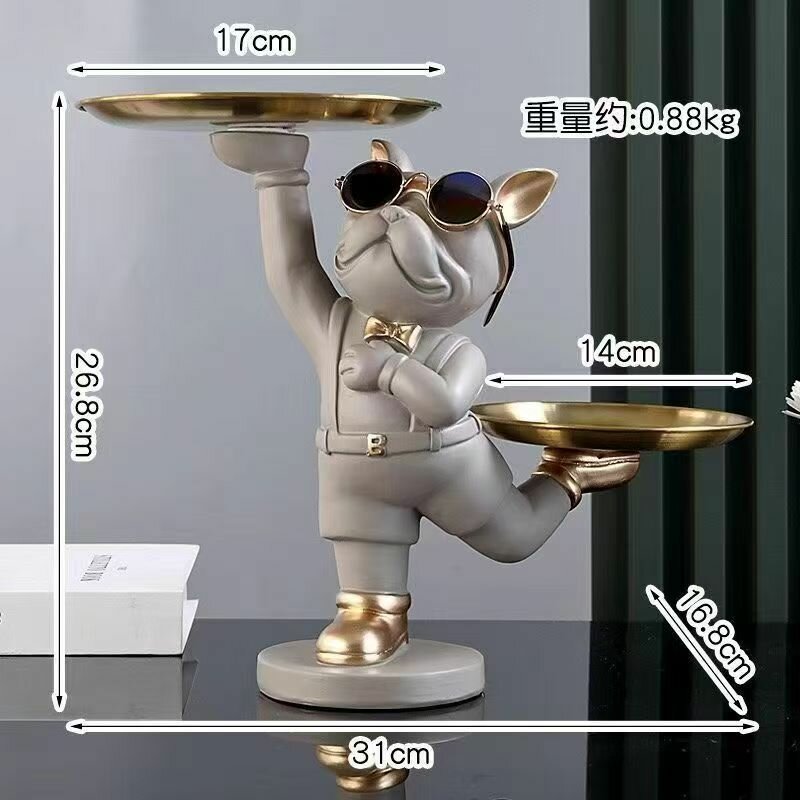 Статуэтка интерьерная французский бульдог с тачкой в современном стиле, декоративная подставка для мелочей, конфетница, собака с подносом