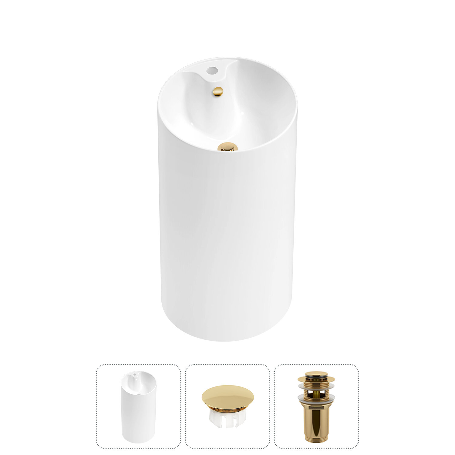 Круглая напольная раковина для ванной Wellsee Callipy Art 20217200R в наборе 3 в 1: отдельностоящая раковина моноблок в цвете белый глянец с заглушкой на переливзаглушка на перелив, донный клапан