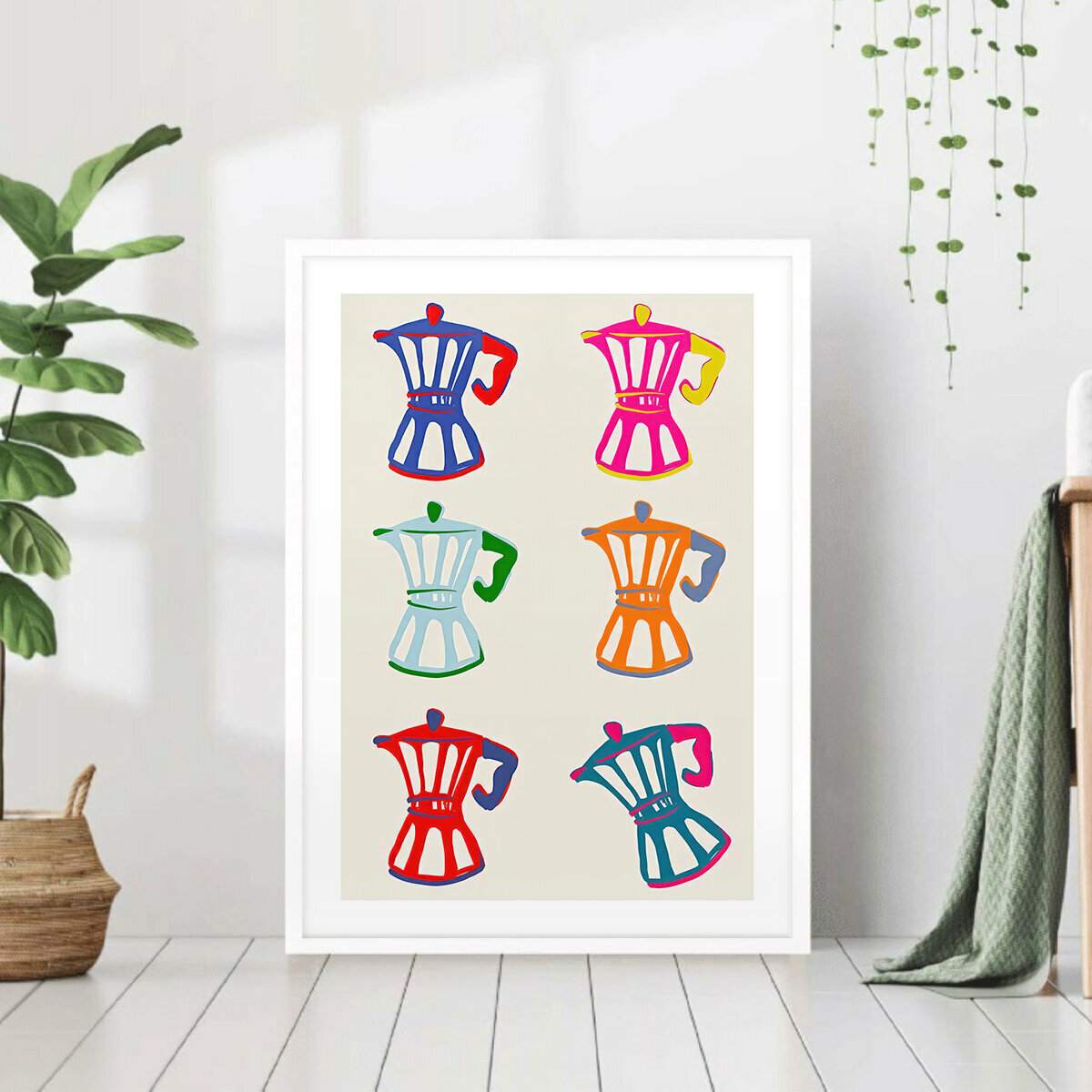 Постер "Гейзерные кофеварки" в белой рамке 50x70 см для интерьера на стену