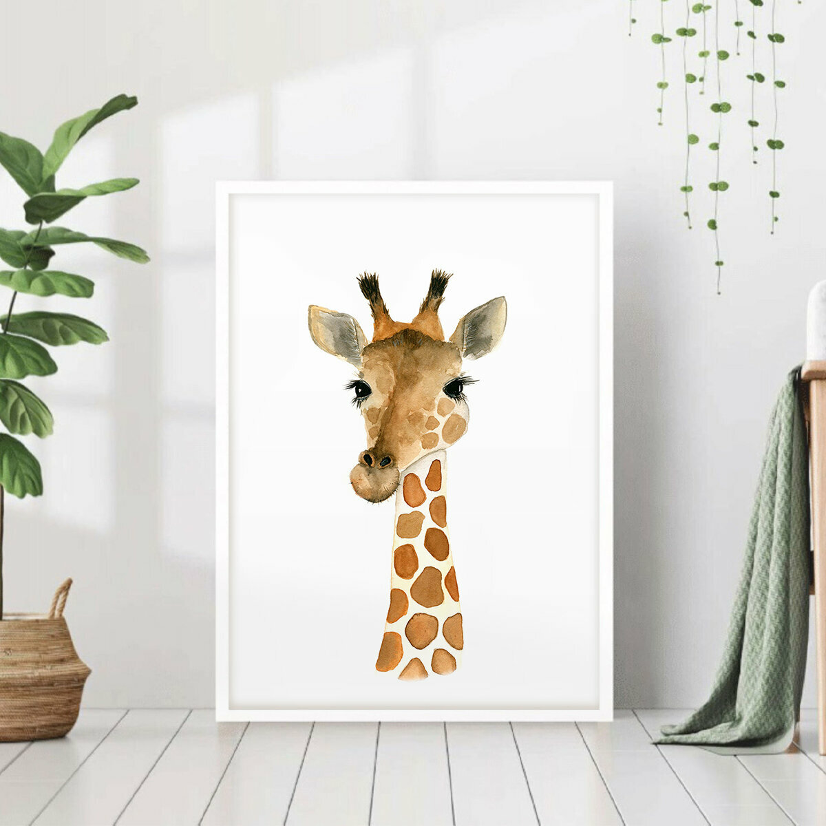 Постер "Жираф для детской, портрет" 50x70 в белой рамке для интерьера на стену