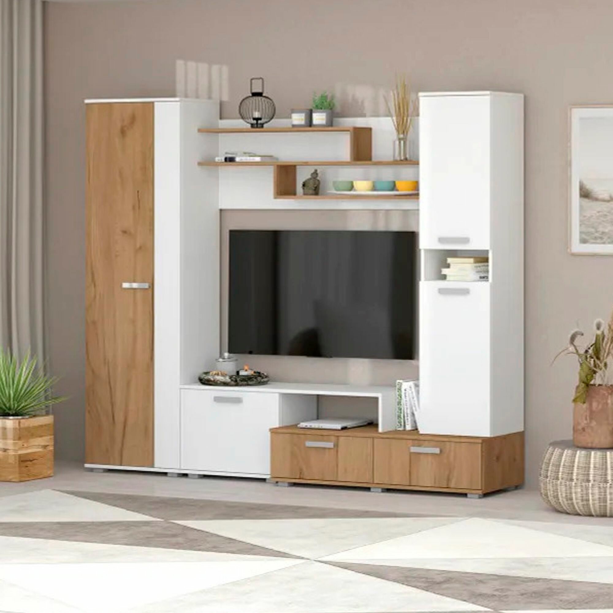 Cтенка в гостиную "Юна", ширина 220 см, Цвет Белый Текстурный / Дуб Крафт под телевизор, со шкафом, напольная, горка в гостиную, в зал, тв зона