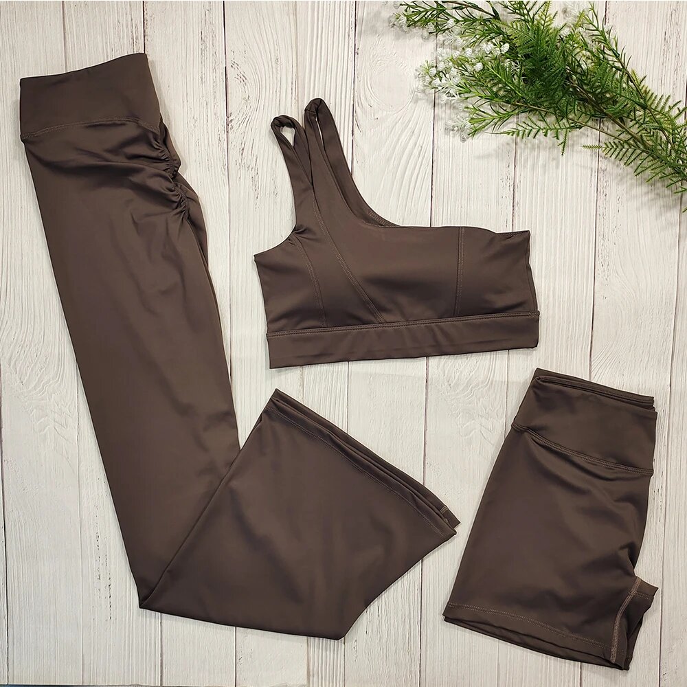 Комплект для йоги: леггинсы, шорты, топ, Brown 3Pcs, M