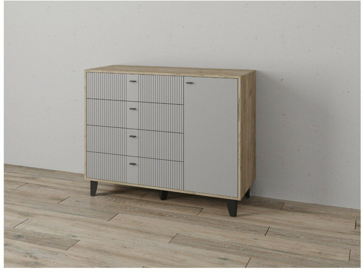 Комод с четырьмя выдвижными ящиками и дверцей, МДФ, дуб крафт серый/серый