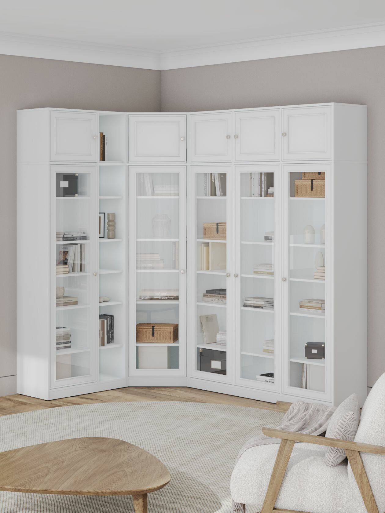 Гостиная комплект Люсиль с витринами, угловая, с антресолями, 301.1х75.5х221.8 см, Белый арктик