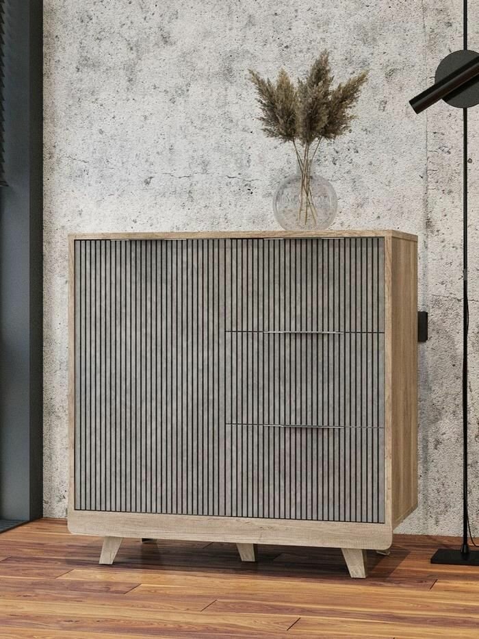 Комод для одежды и хранения вещей Мегаполис с полками, с ящиками, 81.8х40.4х82.2 см, Дуб Каньон / Серый, фрезеровка