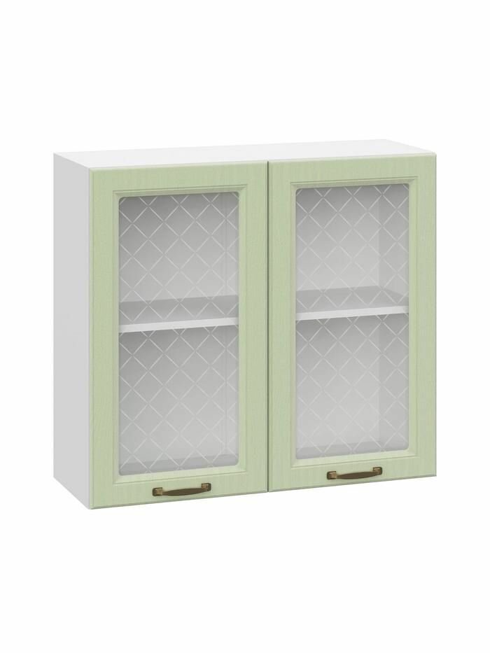 Кухонный модуль навесной, шкаф Флоренс с полками, с доводчиками, со стеклом, 80х29.6х72 см, Белый / Фисташковый структурный