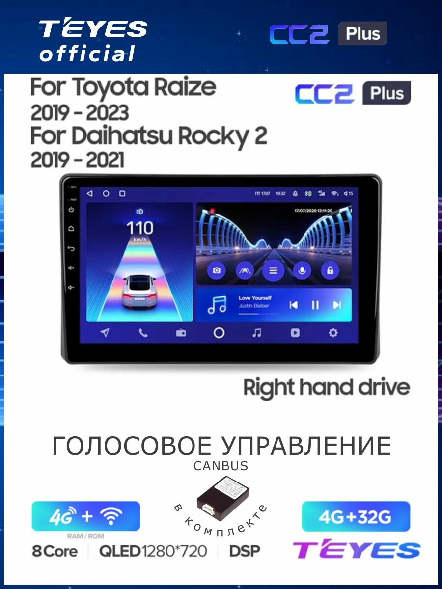 Магнитола Toyota Raize / Daihatsu Rocky 2 2019-2023 (RHD) Teyes CC2+ 4/32GB, штатная магнитола, 8-ми ядерный процессор