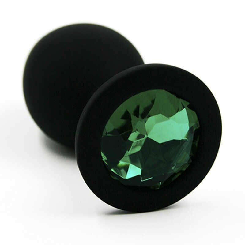 Анальная пробка из силикона с темно-зеленым стразом в основании размер М