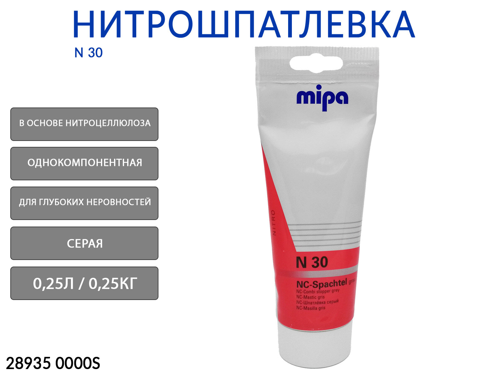 Шпатлевка нитро N30 серая MIPA (250мл)