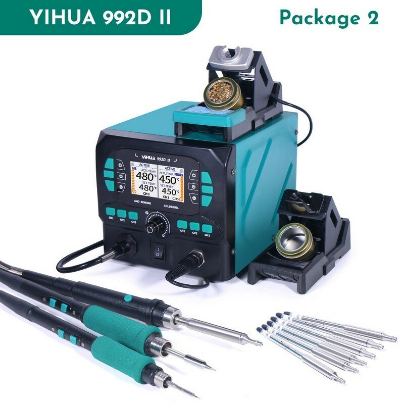 Паяльная станция YIHUA992D-II package 2 mini hot air gun с термофеном и двумя паяльниками С210+С245