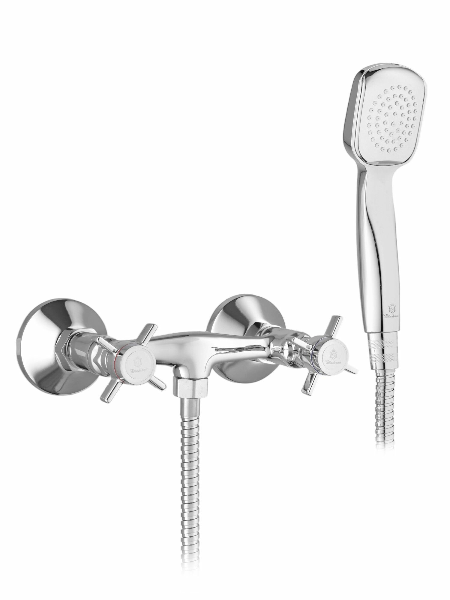 Смеситель для душа из латнуни, без излива , с душевым набором и вентильными ручками, цвет глянцевый хром