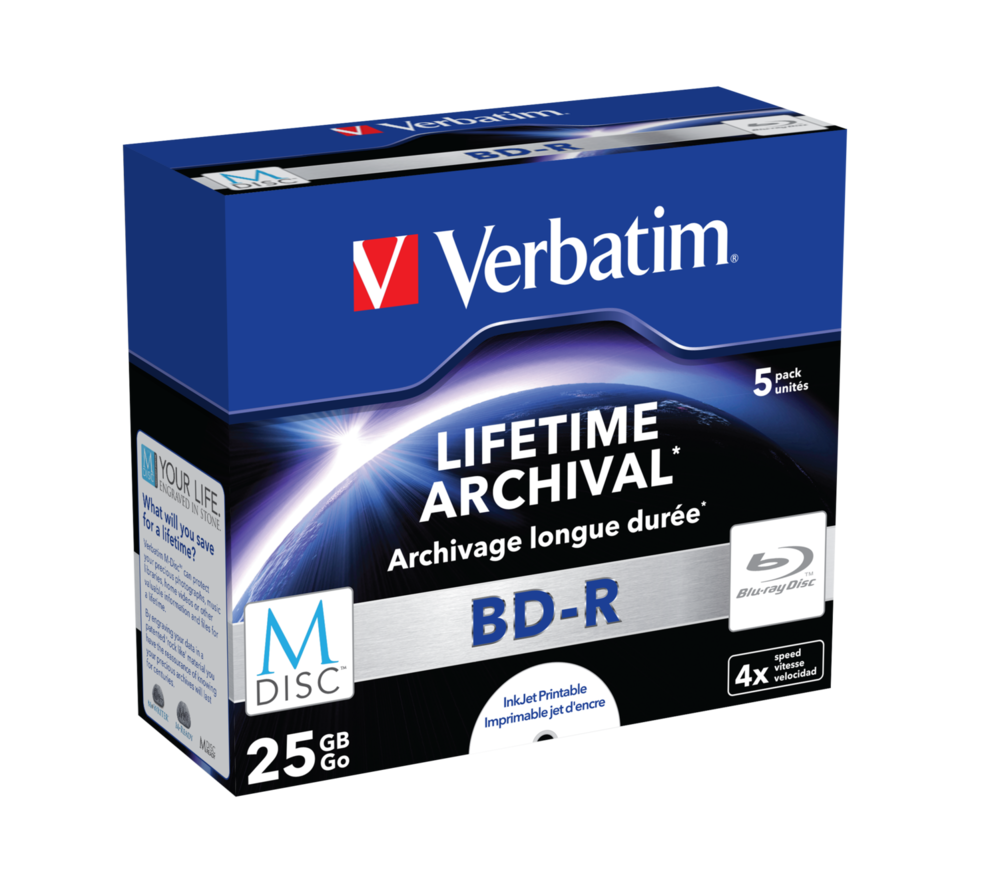Оптический диск Verbatim BD-R 25GB 4X MDISC Lifetime archival Inkjet Printable Jewel Case, 5 шт.