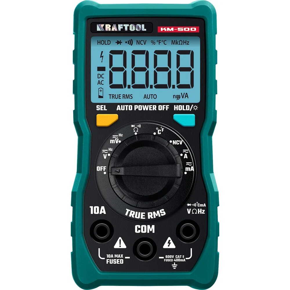 Цифровой мультиметр KRAFTOOL KM-500 59856, со звуковым сигналом, функция True RMS, авто диапазон, подсветка дисплея