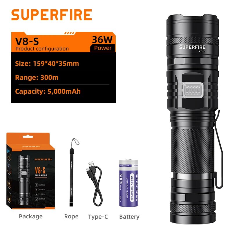 SUPERFIRE V8-S Перезаряжаемый алюминиевый фонарь 36Вт